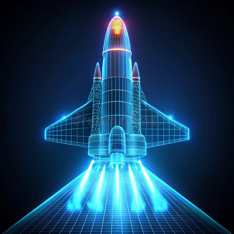 Neon Wireframe Spaceship Launching into Hyperspace Stock Illustration ...