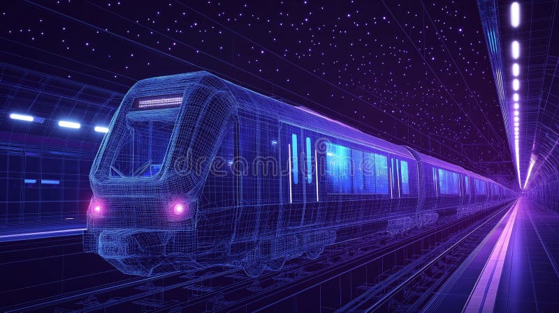 Neon Wireframe Train in a Futuristic Subway Station Stock Illustration ...