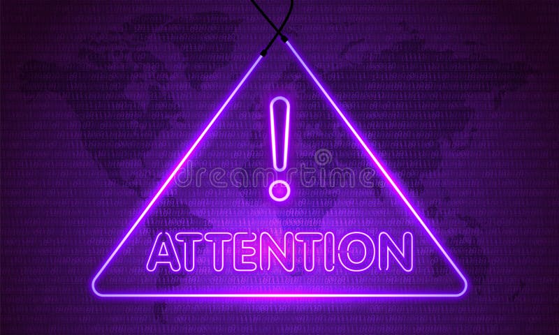 Neon Word Attention. Symbol on Map Dark Purple Background. Security ...
