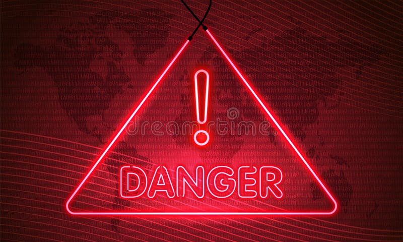 Neon Word Danger. Symbol on Map Dark Red Background. Security ...
