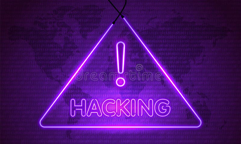 Neon Word Hacking. Symbol on Map Dark Purple Background. Security ...