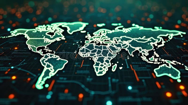 Neon World Map on Digital Interface with Futuristic Technology Elements ...