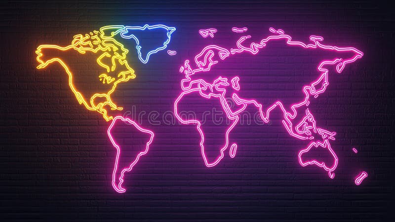 Neon World Map Glowing Against Weathered Brick Wall, Casting Vibrant ...
