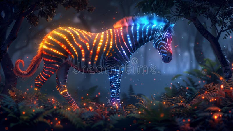 Neon Zebra in a Magical Forest - Generative Ai Stock Illustration ...