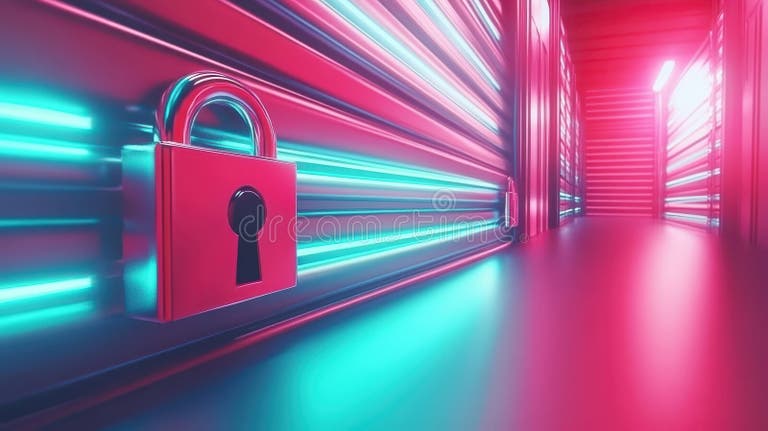 Neonlit Hallway Security, Red Lock Symbolizing Digital Data Protection ...
