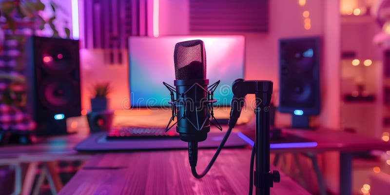 Neonlit Home Studio Setup with Microphone for Recording Gaming Podcast ...
