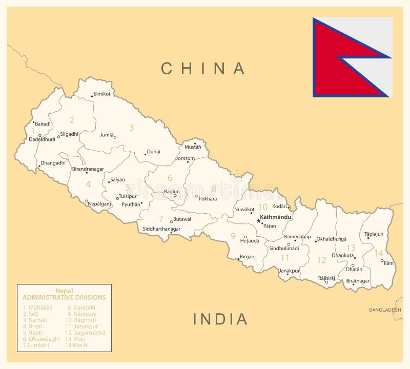 Nepal - Detailed Map of the Country in Brown Colors, Divided into ...