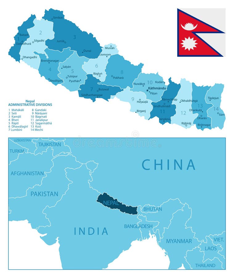 Nepal - Highly Detailed Blue Map. Stock Vector - Illustration of nepal ...