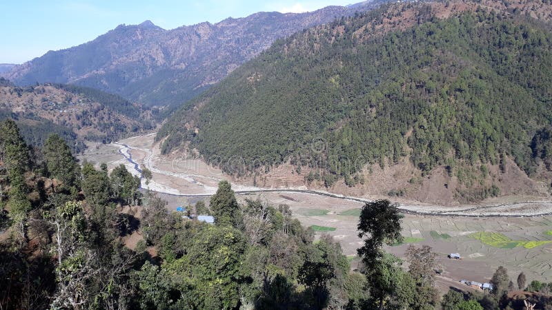 Nepal Hill Side River View and Down Land Field. Stock Photo - Image of ...