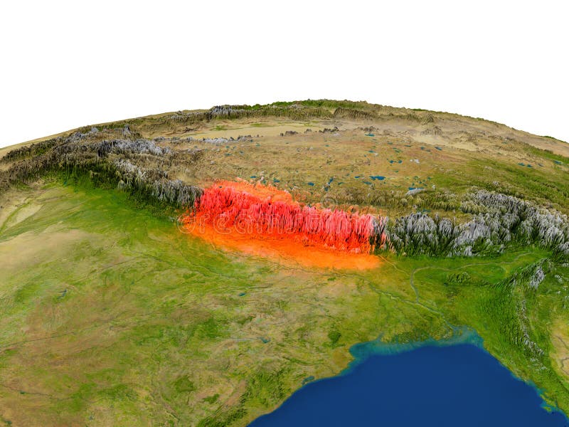 Nepal in red from orbit stock illustration. Illustration of satellite ...