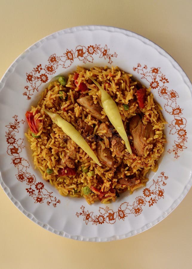 A Nepalese Chicken Curry with Basmati Rice and Fefferoni Peppers Stock ...