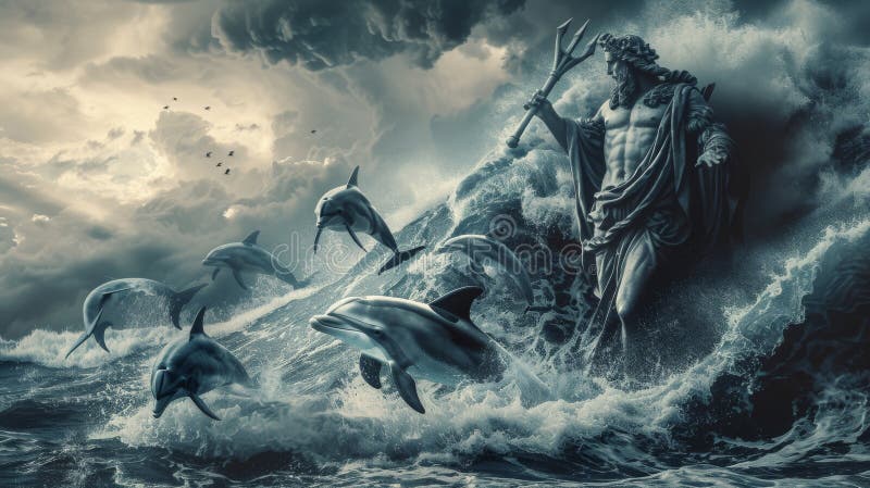 Neptune Commanding a Storm at Sea Dolphins Leaping among the Waves ...
