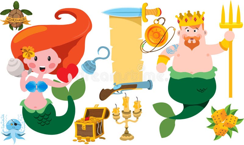 Neptune and Mermaid. Banner from an Old Parchment with Space for Text ...