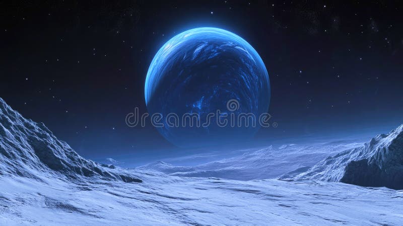 Neptune Shining Bright Over a Moon’s Icy Surface during Twilight with ...