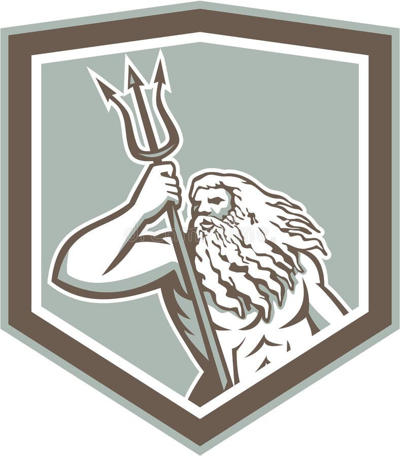 Neptuno Que Sostiene El Escudo De Trident Retro Stock de ilustración ...
