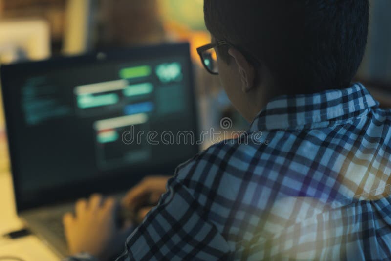 Nerd Boy Using a Laptop in His Bedroom Stock Photo - Image of smart ...