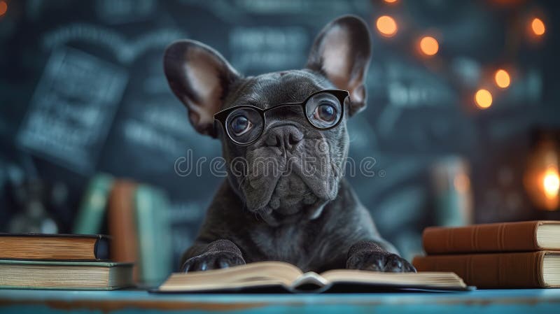 Nerd Bulldog Reading from Books in Class Stock Illustration ...