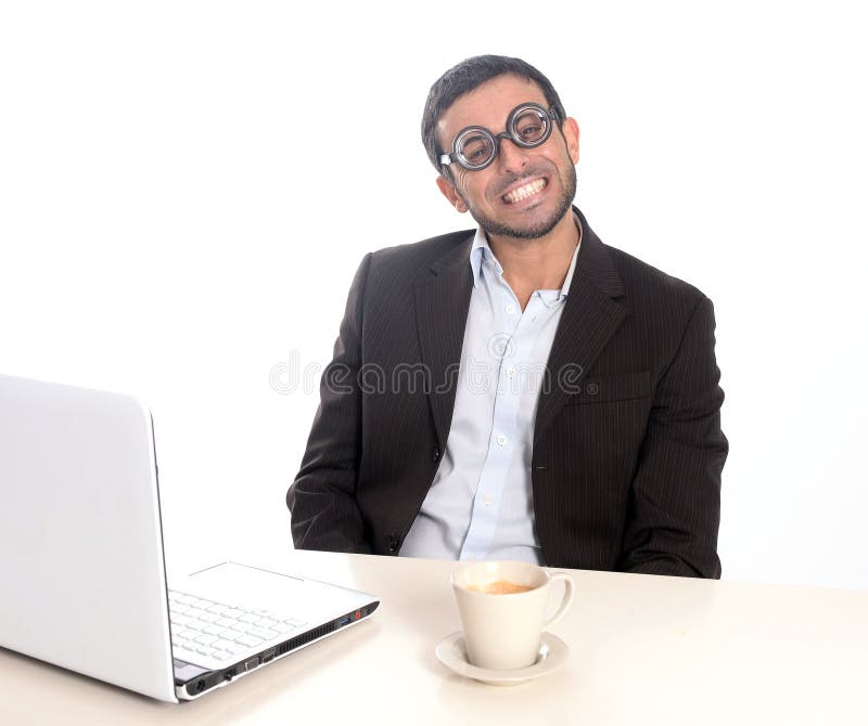 Nerd Businessman in Funny Glasses Working with Computer Stock Image ...