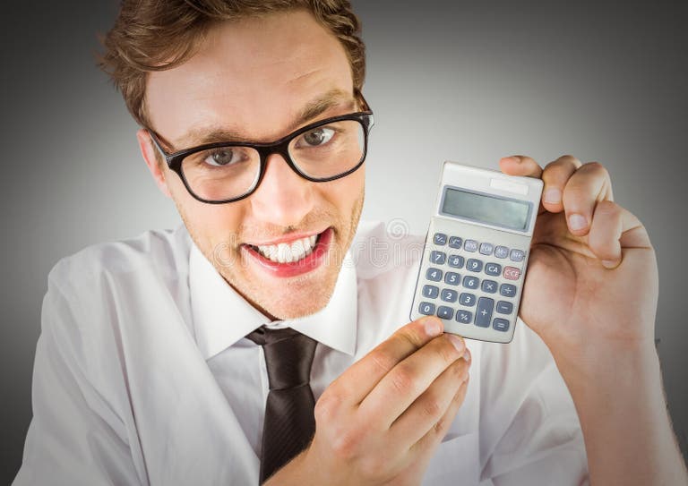 Nerd with Calculator Against Grey Background Stock Image - Image of ...