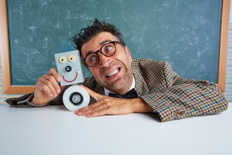 Nerd Electronics Technician with Self Made Robot Stock Image - Image of ...