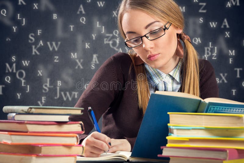 Nerd girl working homework stock photo. Image of caucasian - 58422466