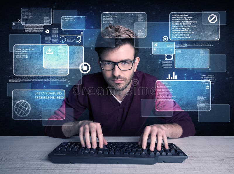 Nerd with Glasses Hacking Websites Stock Photo - Image of digital ...