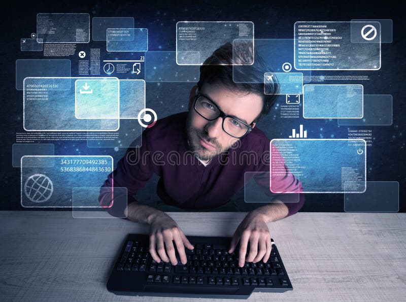 Nerd with Glasses Hacking Websites Stock Image - Image of code, hands ...