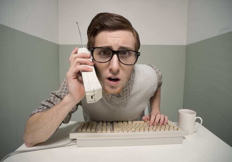 Nerd guy on the phone stock photo. Image of shirt, room - 37085154