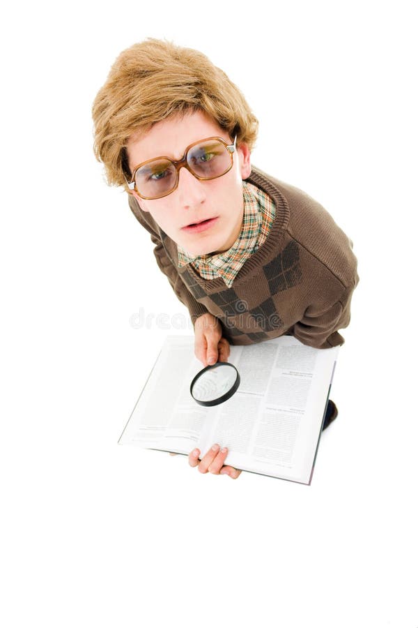 Nerd guy trying to read stock image. Image of study, notes - 17920825