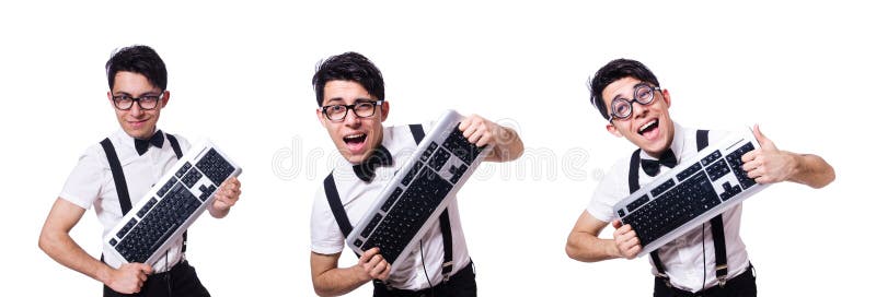The Nerd Hacker with Computer Keyboard on White Stock Photo - Image of ...