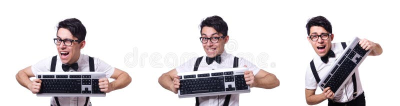 The Nerd Hacker with Computer Keyboard on White Stock Image - Image of ...