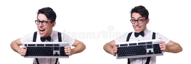 The Nerd Hacker with Computer Keyboard on White Stock Image - Image of ...