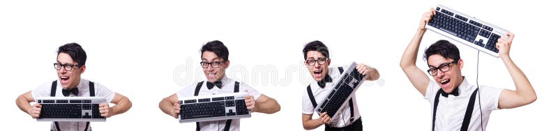 The Nerd Hacker with Computer Keyboard on White Stock Photo - Image of ...