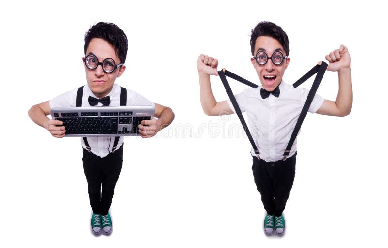 The Nerd Hacker with Computer Keyboard on White Stock Photo - Image of ...