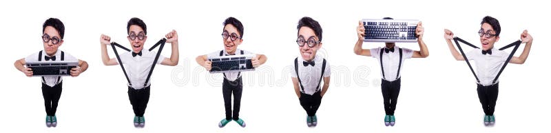 The Nerd Hacker with Computer Keyboard on White Stock Photo - Image of ...