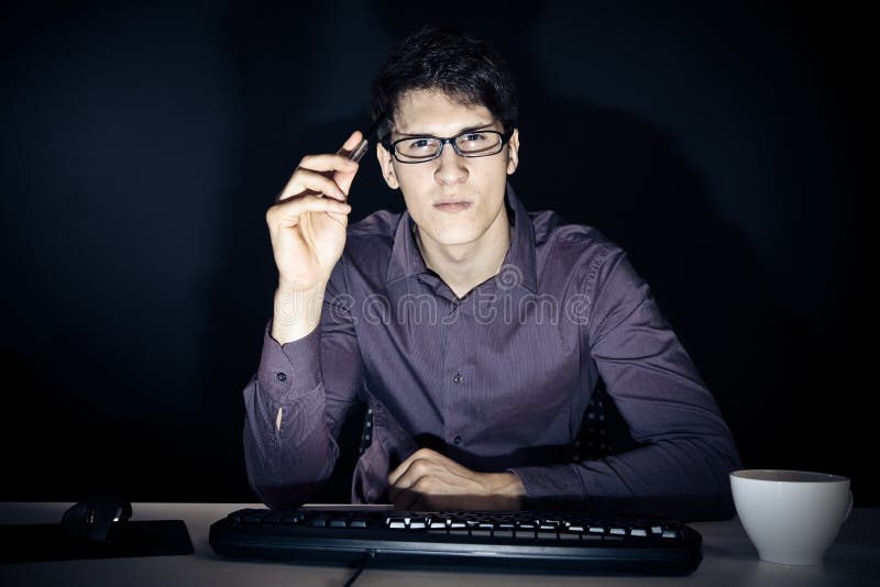 Nerd with Smoke Coming Out of His Pc Stock Photo - Image of shocked ...