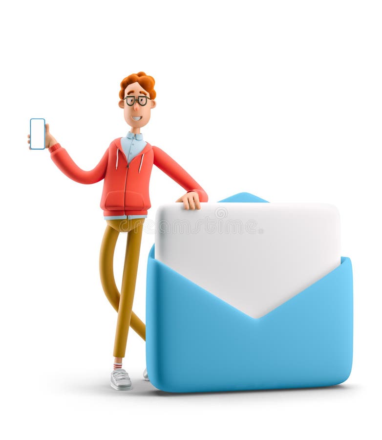 3d Illustration. Nerd Larry Standing Next To a Large Mail. Stock ...
