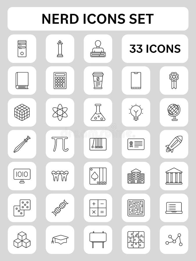 33 Nerd Line Art Icon Set on Grey and White Square Stock Illustration ...
