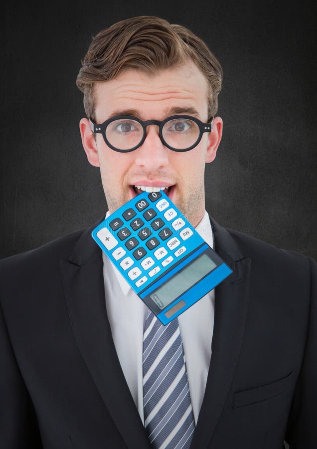 Nerd Man with Calculator in Mouth Against Grey Grunge Wall Stock Photo ...
