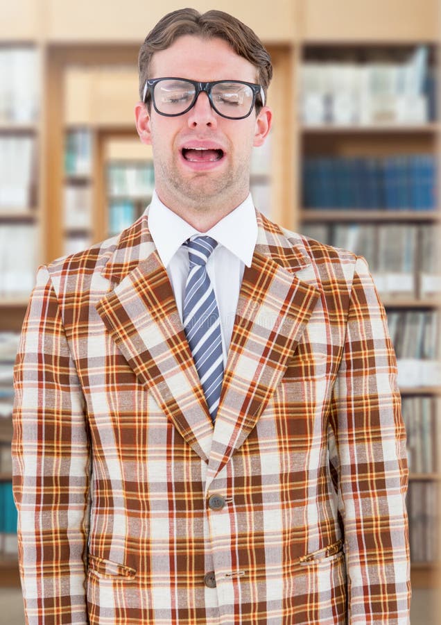 Nerd Man Crying Against Library Bookshelves Stock Photo - Image of male ...