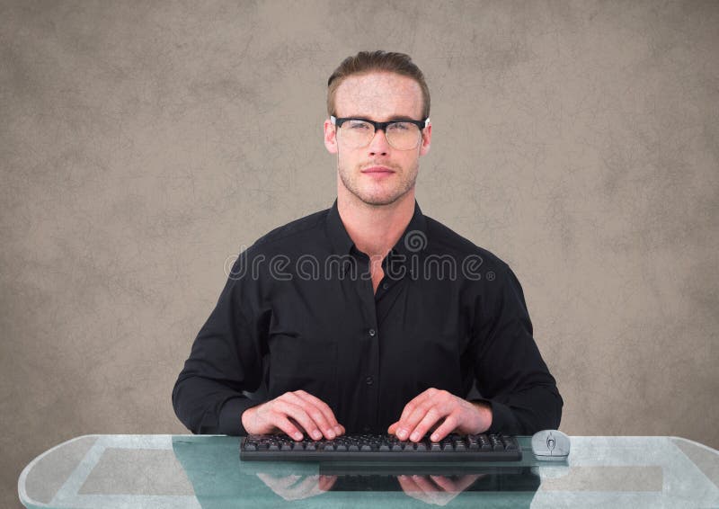 Nerd Man at Desk Against Brown Background with Grunge Overlay Stock ...