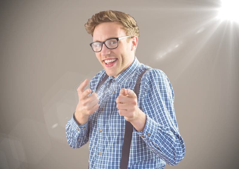 Nerd Man Pointing Against Brown Background with Flare Stock Photo ...