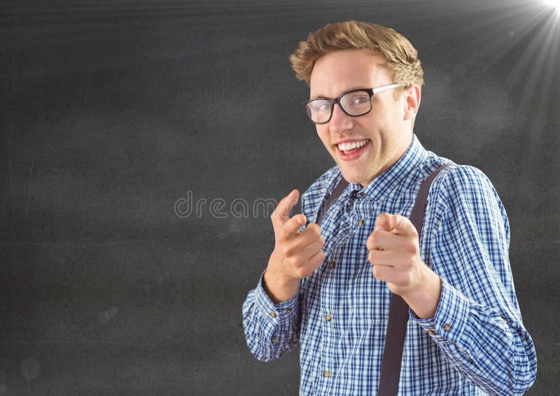 Nerd Man Pointing Against Grey Wall with Flare Stock Photo - Image of ...