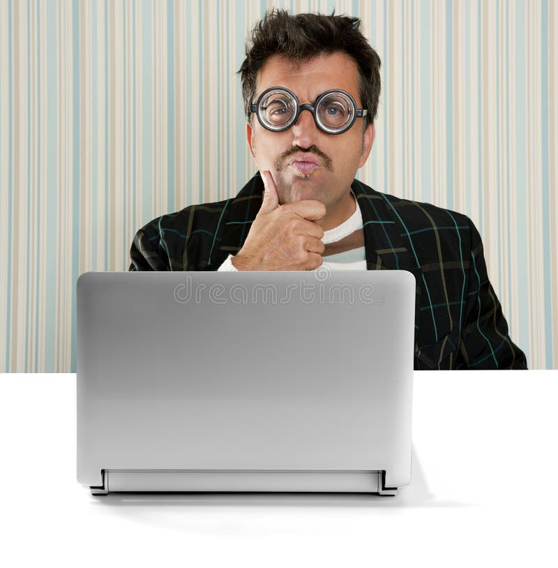 Nerd Pensive Man Glasses Silly Expression Laptop Stock Image - Image of ...
