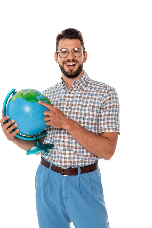 Nerd Pointing with Finger at Globe Isolated on White Stock Image ...