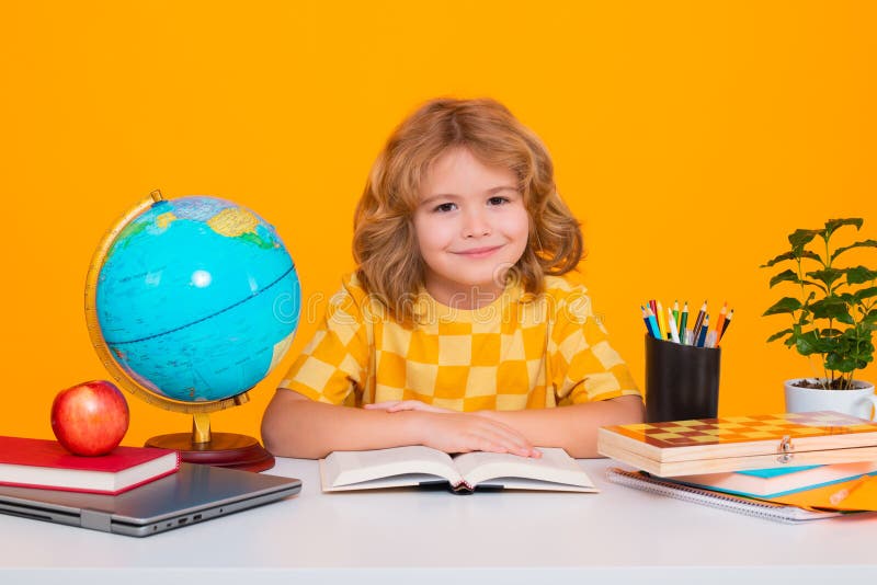 Nerd Pupil Boy from Elementary School with Book Isolated on Yellow ...