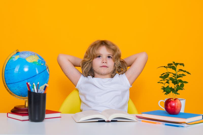 Nerd Pupil Boy from Elementary School with Book Isolated on Yellow ...