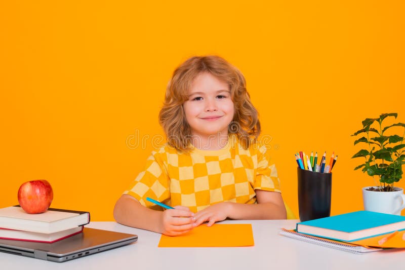 Nerd Pupil Boy from Elementary School with Book Isolated on Yellow ...