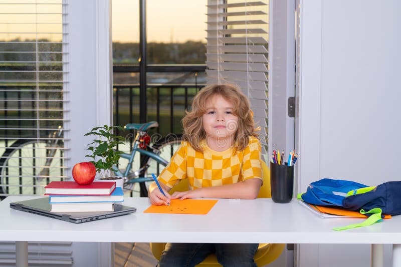 Nerd Pupil Doing Homework Writing and Reading at Home. Clever Child ...