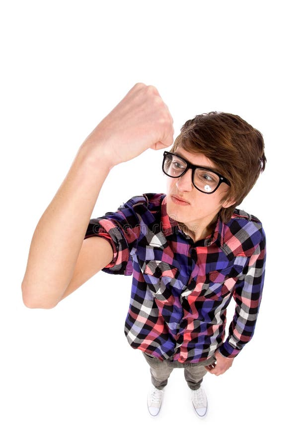 Nerd showing biceps stock photo. Image of shot, length - 18865786